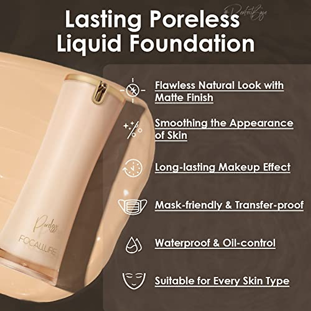 FOCALLURE PerfectBase Lasting Poreless Liquid Foundation, Medium to Full Coverage with Matte Finish, Covers Blemishes & Under-Eye Circles for All Skin Types, YL02 Cashmere