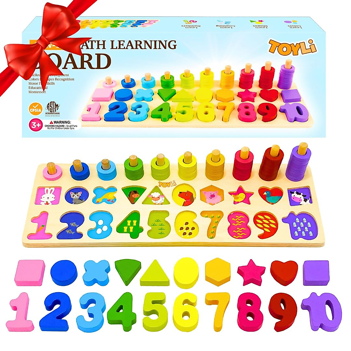TOYLI Educational Math Learning Board and Puzzle Wooden 4 in 1, Wooden Stacking Toy