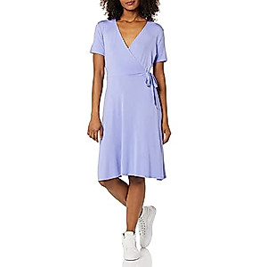 Amazon Essentials Women's Cap-Sleeve Faux-Wrap Dress, Soft Violet, Large