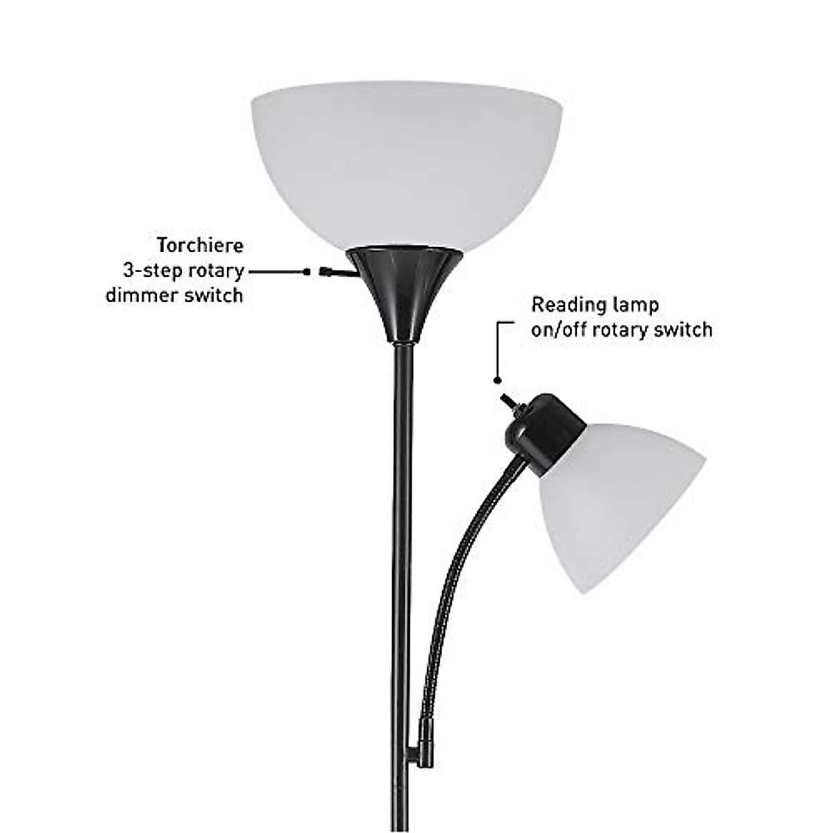 Globe Electric 67135 72" Torchiere Floor Lamp + Adjustable Reading Light, Matte Black, Frosted Plastic Shade, 3-Step Rotary Switch on Floor Lamp Socket, Home Improvement, Home Office Accessories