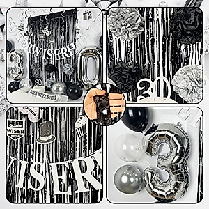 30th Birthday Decorations for Him,Black and Silver Older Wiser Hotter Banner,Sash,Cake Toppers,Hanging Swirl,Foil Fringe Curtain,Happy Birthday Balloons for Men Women Thirty Birthday Party Supplies