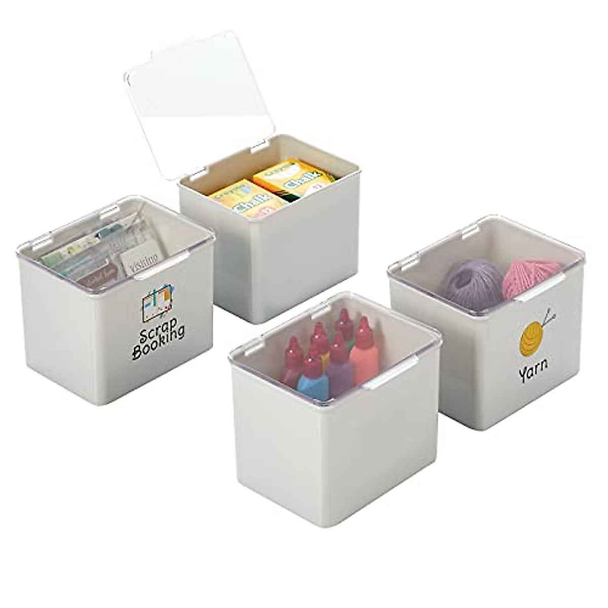 mDesign Stackable Plastic Craft, Sewing, Crochet Storage Container Box with Lid - Compact Organizer and Holder for Thread, Beads, Ribbon, Glitter, Clay - 4 Pack, Includes 32 Labels - Light Gray/Clear