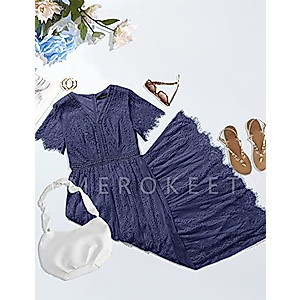 MEROKEETY Women's V Neck Short Sleeve Floral Lace Wedding Dress Bridesmaid Cocktail Party Maxi Dress Navy