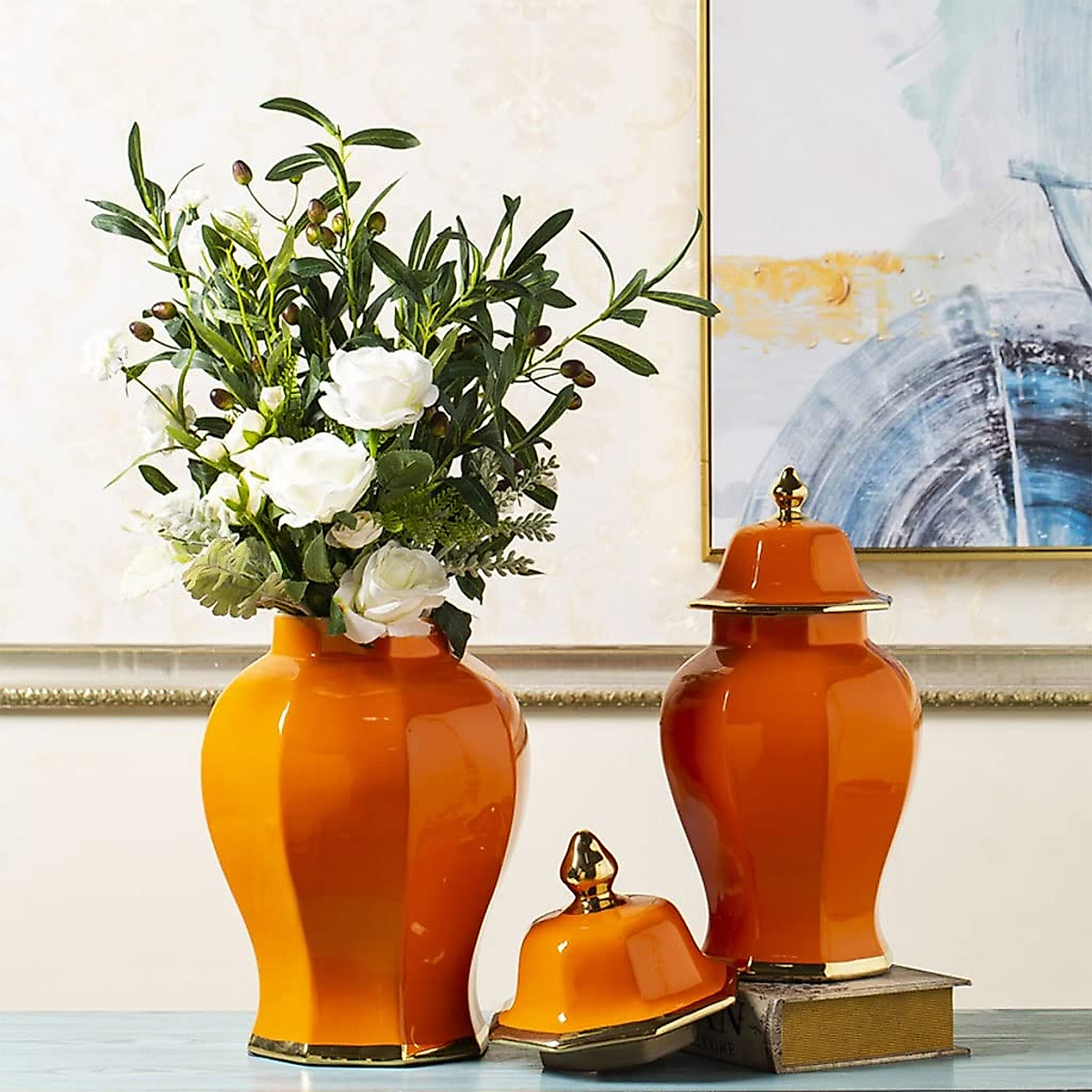 Handmade Orange Hexagon Ginger Jar Vase Ornament, Home & Living Room Decorative Jar, Gold-Plated Ceramic Temple Jar (Size : Small)