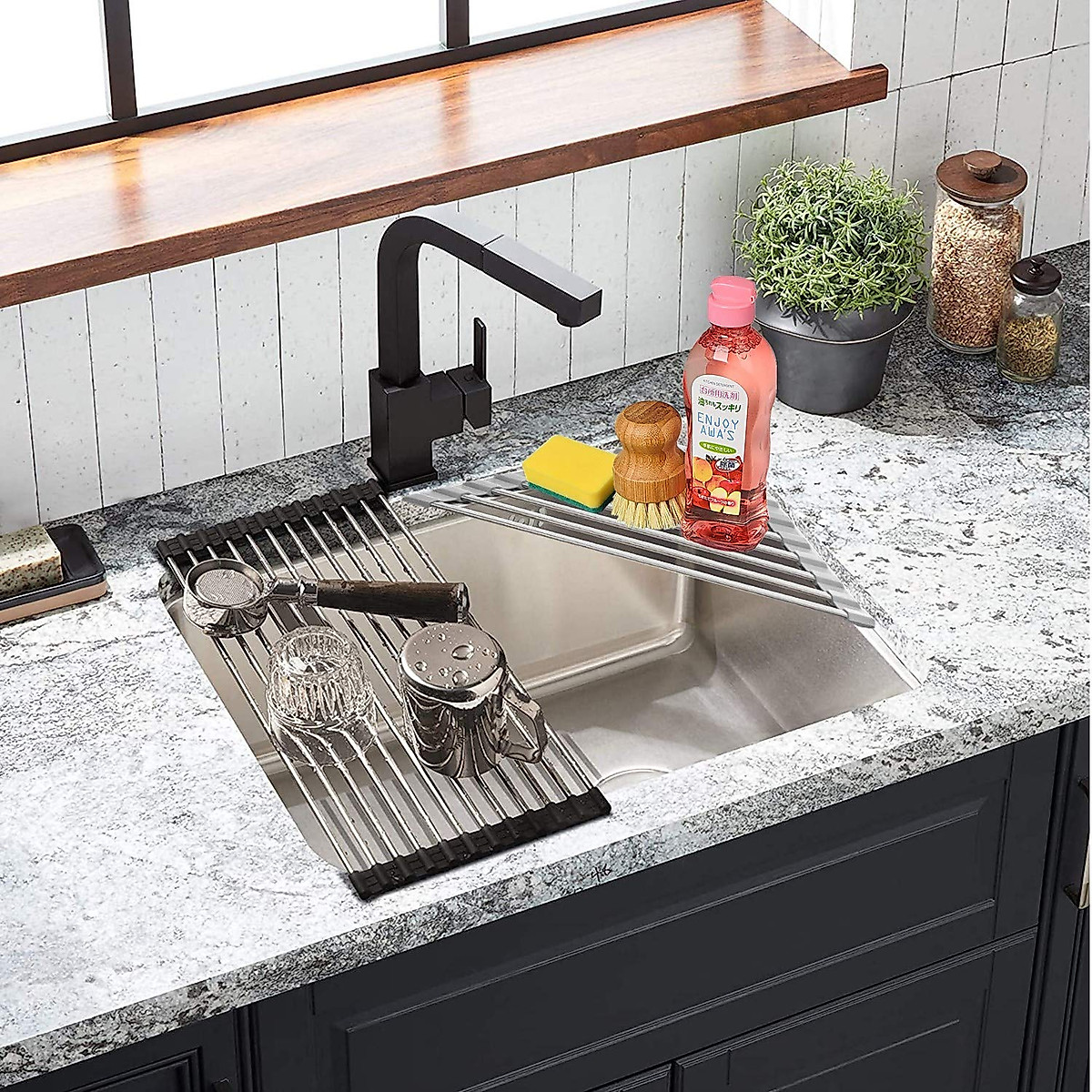 Acykroyee Anti-Rust Stainless Steel Caddy Sponge Holder, Multi-Function Roll-up Drying Rack for Sink Corner Kitchen (Gray)