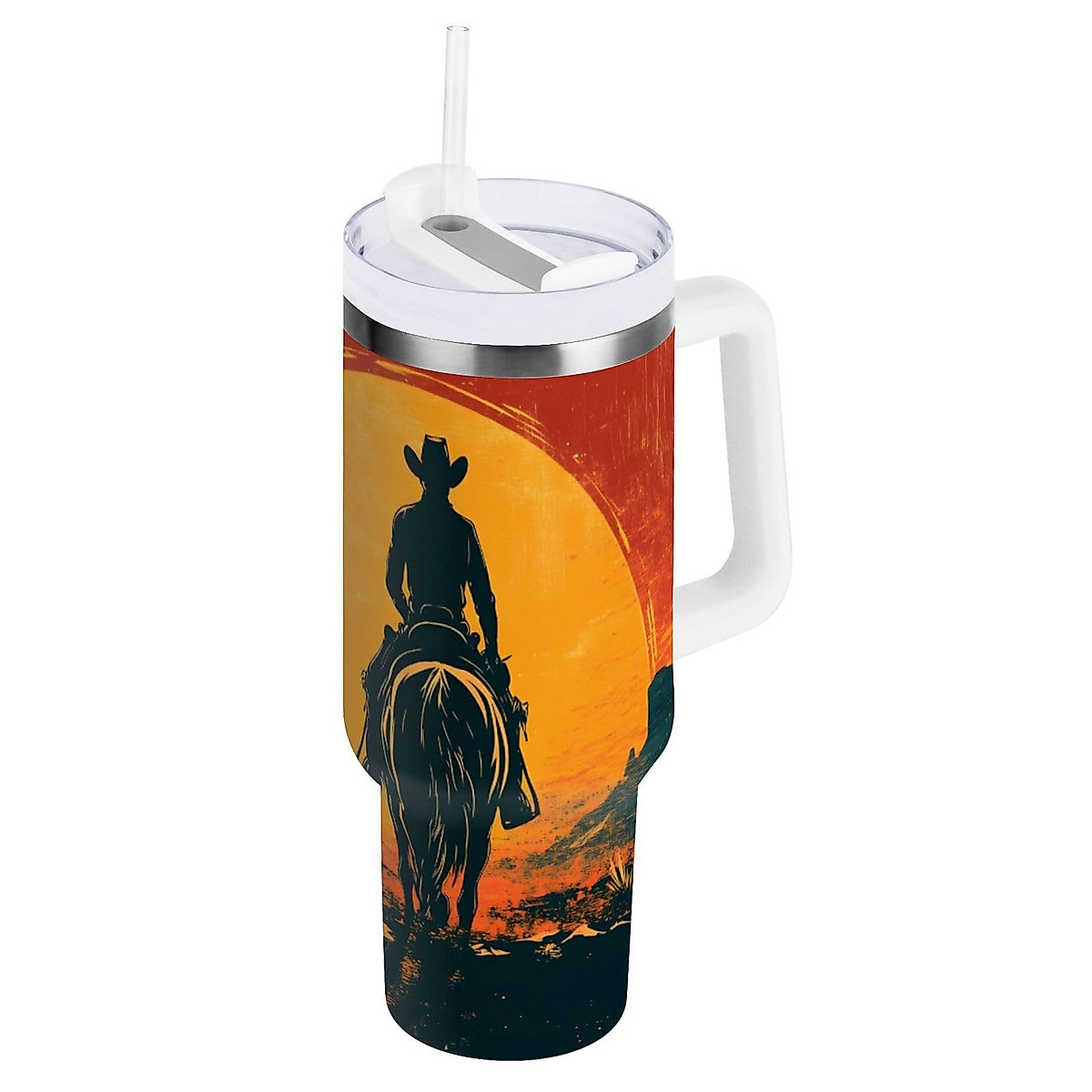Jihqo Western Cowboys under Sunset 40 oz Stainless Steel Vacuum Insulated Tumbler with Handle and Straw Lid, Leakproof Water Bottle Double Wall Travel Mug Coffee Cup, Cupholder Friendly