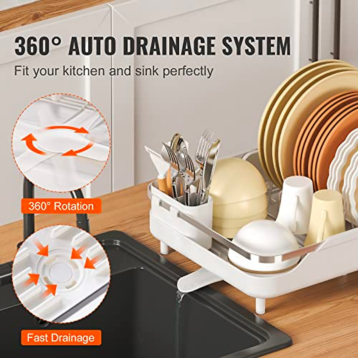 VEVOR Dish Drying Rack, Expandable (11.6"-18.5") Stainless Steel Dish Drainer with Drainboard, Large Capacity Storage Space Saver, Single Tier Cup and Utensil Holder for Kitchen Counter Over The Sink