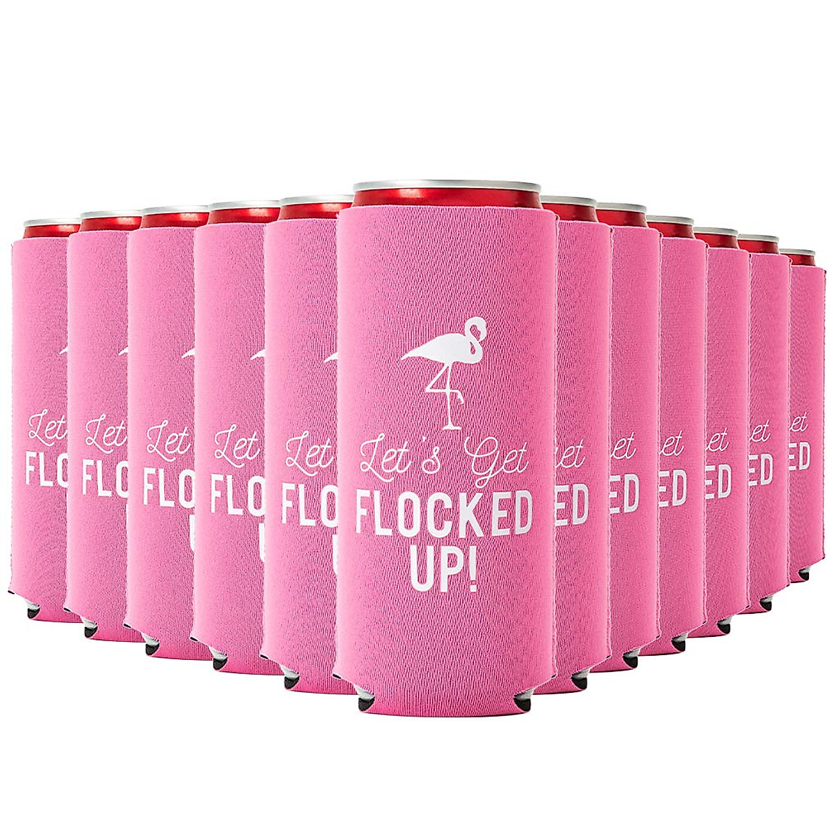 Let's Get Flocked UP!, Set of 12 Slim Pink and White Can Coolers Cups, Flamingo Can Coolers Perfect Flamingo Party Supplies, Bachelorette Party, and Bridal Showers
