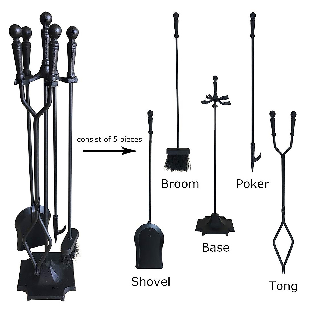 Tosnail 5 Pieces Wrought Iron Fireplace Tools Set - Brush, Shovel, Tong, Poker and Stand Base