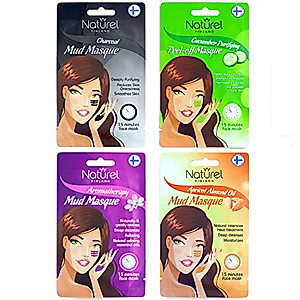 Naturel Finland Facial Mud Mask Set of 4 - Exfoliating, Deep Cleansing, Clarifying, Pore Minimizer, Hydrating, Aromatherapy, Cucumber, Dead Sea, Charcoal Face Peel