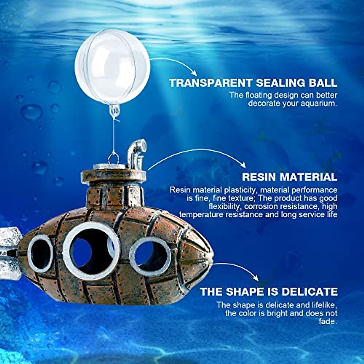 Floating Fish Tank Decoration, Little Cute Retro Submarine Aquarium Decoration with Two Float Balls , Resinous Fish Tank Accessorie, Safe Fish Toy for Betta Cichlid Goldfish Shrimps Hermit Crabs