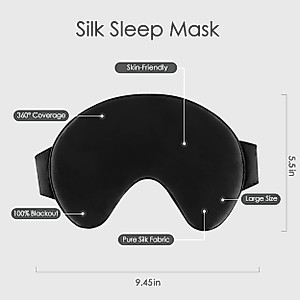 FRESHME 100% Blockout Sleep Mask - Black Super Soft Pure Mulberry Silk Large Eye Mask Blindfold for Men Women Kids Night Sleeping, with Luxury Slip Silk Bag and Ear Plugs…