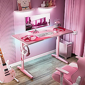 EUREKA ERGONOMIC 47 Inch Pink Computer Gaming Desk,Curved Edge Home Office Gaming Table Study Writing Desk W Full Mouse Pad Cup Holder Headphone Hook Controller Stand Gift for Girls