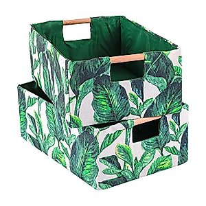 ANMINY 2PCS Storage Bins Set Foldable Cotton Linen Fabric Open Storage Baskets Box Cube with Wood Handles Decorative Nursery Baby Kid Toys Clothes Towel Laundry Container - Green Leaves, Large