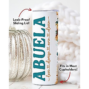 Personalized Abuela Tumbler, 20 oz Stainless Steel Sunflower Cup with Lid & Straw, Custom Grandma Gift with Grandkids’ Names, Spanish Grandmother Coffee Mug for Birthday, Mother’s Day or Christmas