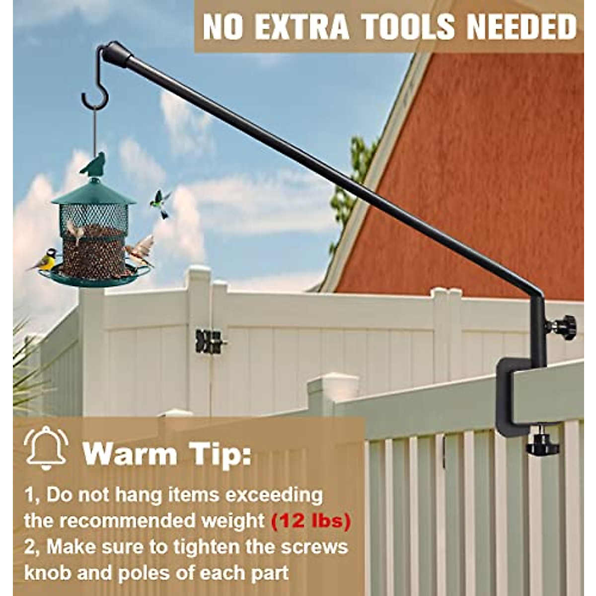 Tuohours 38 Inch Extended Reach Deck Hook Hanger for Railing, Heavy Duty Outdoor Plant Hook Holder for Hanging Bird Feeder Flower Basket Planter or Lanterns, 2 Packs