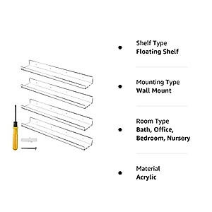Jansburg 24 Inch Clear Floating Shelves 4 Pack Acrylic Shelves Invisible Floating Wall Ledge Bookshelf, 5MM Thick Kids Book Display Shelves Wall Mounted Bathroom Kitchen Organizer