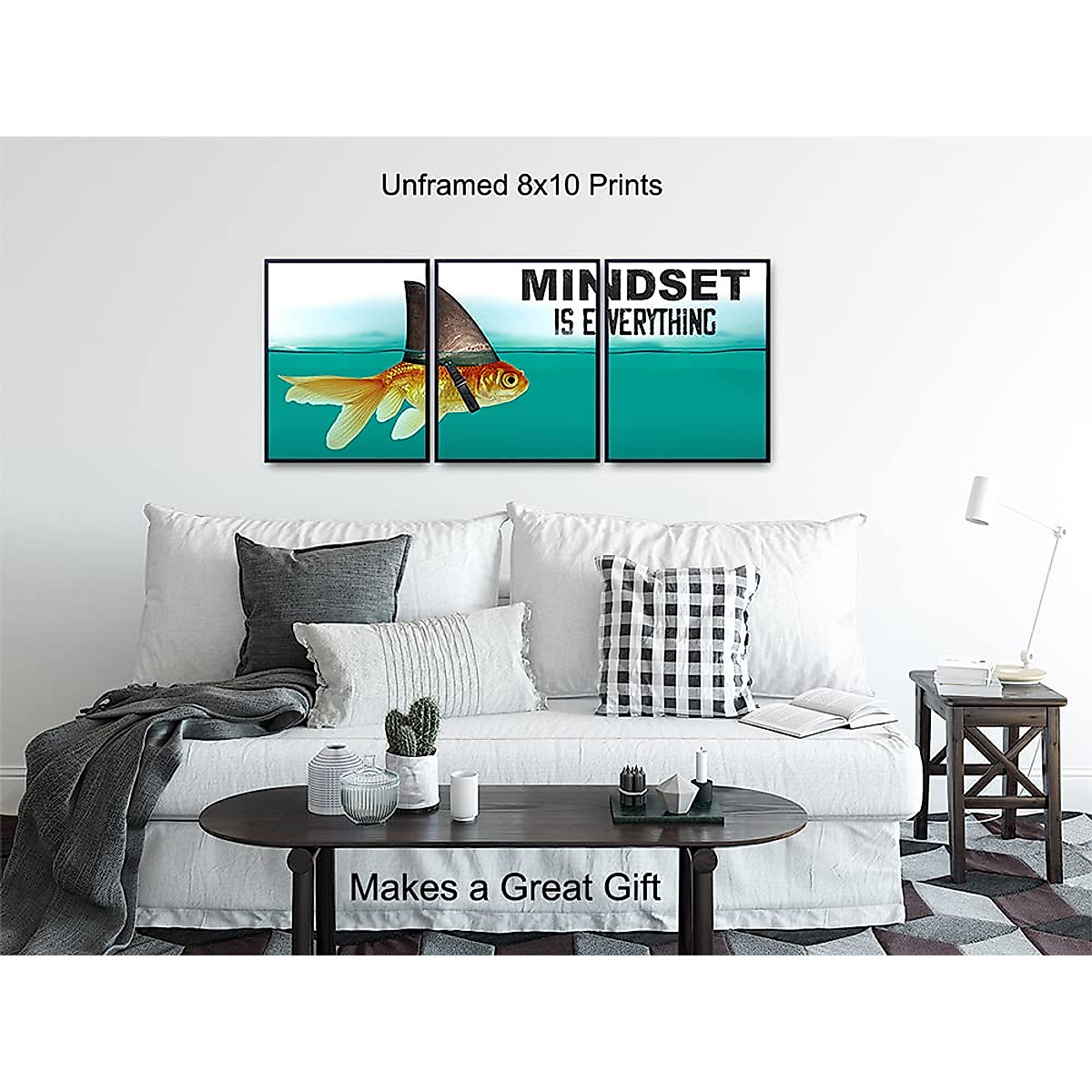 Mindset is Everything Motivational Posters - Motivational Wall Art - Home Office Decor - Entrepreneur Gifts - Inspirational Wall Decor - Uplifting Self-Improvement Positive Quote - Shark Goldfish
