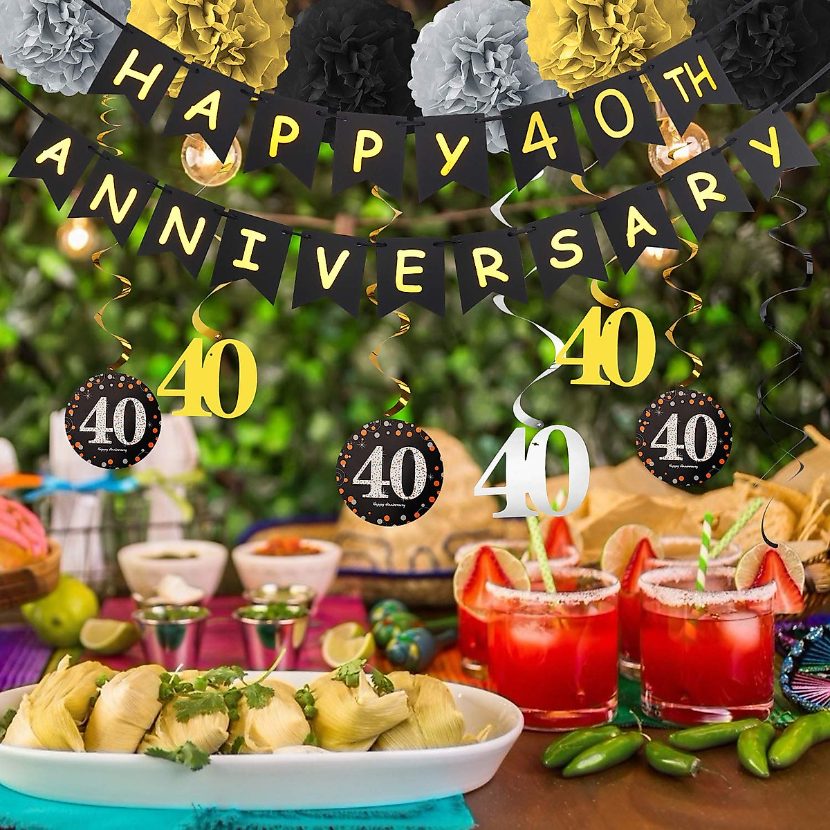 40th Anniversary Decorations Kit - 16Pcs - Including 1Pcs Happy 40th Anniversary Banner, 9Pcs Sparkling 40 Hanging Swirl, 6Pcs Poms - 40th Wedding Anniversary Party Decorations Supplies