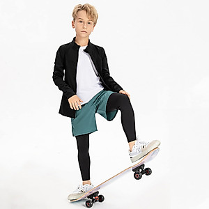 Blaward Boy's Running Training 2 in 1 Compression Tights Pants Workout Shorts Compression Leggings for Kids Youth Green Blue