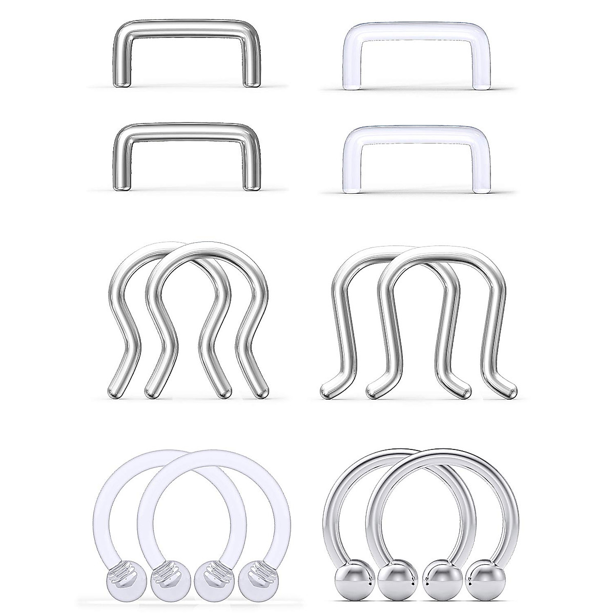 Hoeudjo 12Pcs 16G Septum Retainer Clear Acrylic and Surgical Steel Septum Nose Rings Hoop Horseshoe Cartilage Tragus Septum Ring Body Piercing Jewelry for Women Men Silver-tone
