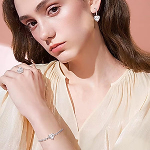 Crysdue Silver Heart Jewelry Set, Cubic Zirconia Dangle Earrings Open Ring Tennis Bracelet Birthday Anniversary Mothers Day Christmas Jewellery Gift for Women/Mom/Wife/Friend