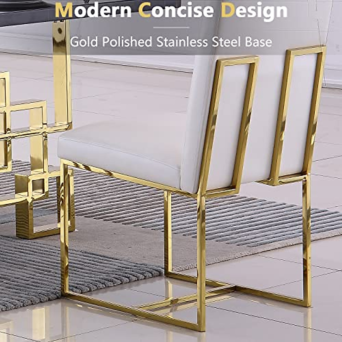 AZhome White Faux Leather Dining Chairs, Upholstered Dining Room Chairs Set of 4, Polished Gold Stainless Steel Legs