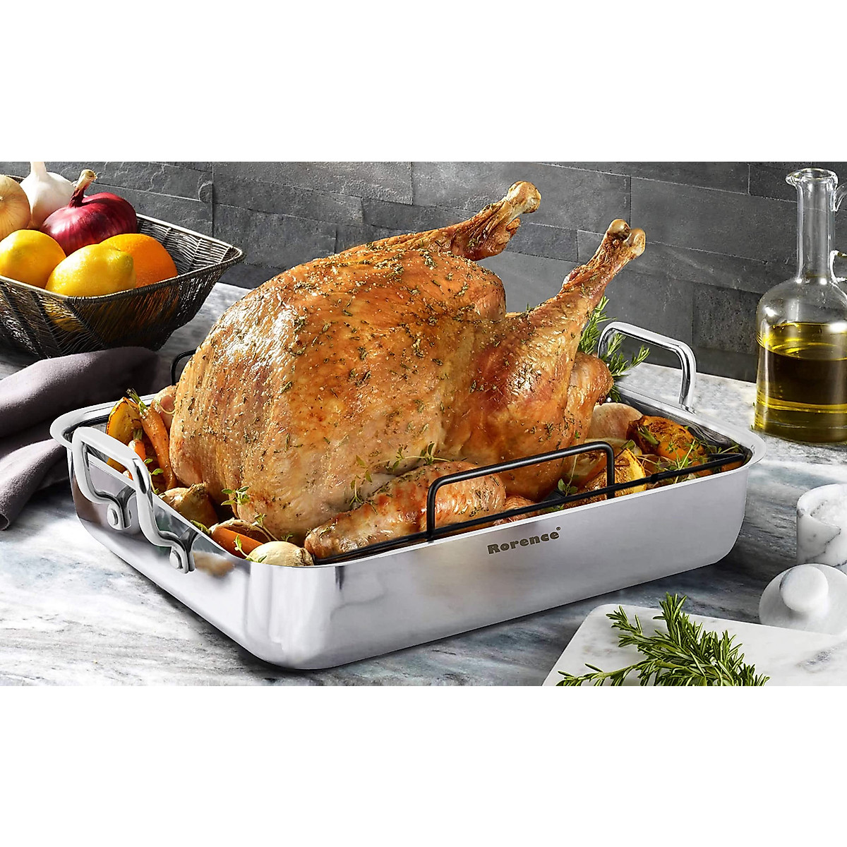 Rorence Roasting Pan with Rack: 16-Inch Stainless Steel Rectangular Turkey Roaster pan with Nonstick V-Shaped Rack for Thanksgiving Christmas – Set of 5