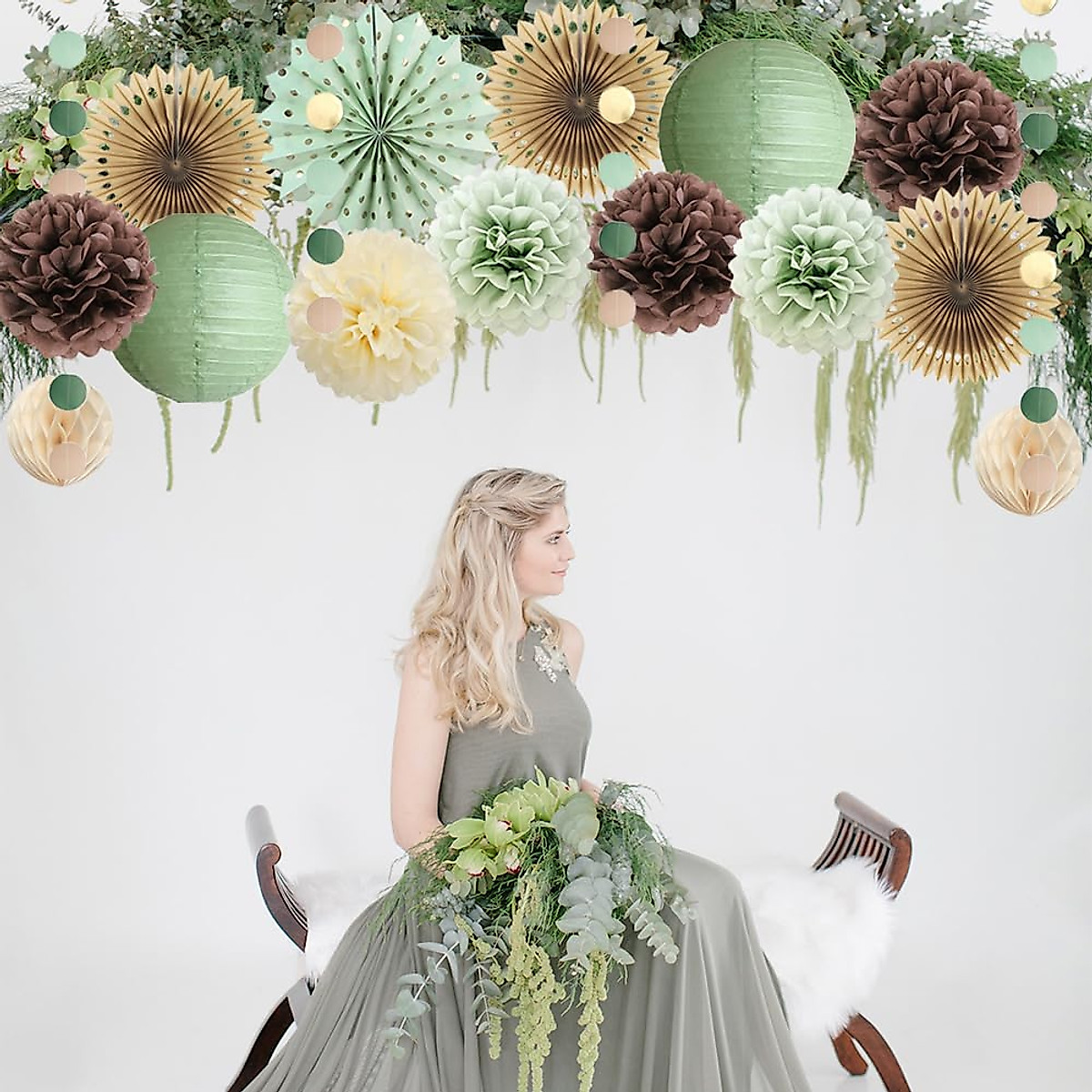 Sage Green and Brown Party Decorations Baby Shower Decorations Sage Green Beige Brown Tissue Paper Pom Poms Lanterns for Sage Green and Brown Birthday Bridal Shower Wedding Room Decor