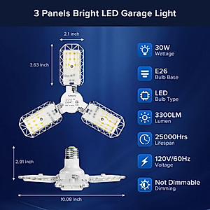 SANSI 300W Equiv. LED Garage Ceiling Light Deformable, 30W 3300LM 5000K Daylight Bright LED Shop Lights with 3 Adjustable Panels, ETL Certified, Screw in E26 Socket for Workshop Storage Room Basement
