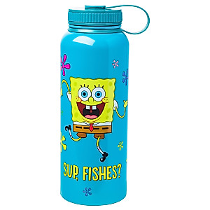 Silver Buffalo Spongebob Sup Fishes Stainless Steel Water Bottle With Twist Lid, 42 Ounces