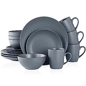Famiware 16 Piece Moon Dinnerware Sets, Kitchen Plates and Bowls Set for 4, Dish Set with Speckled Design, Microwave and Dishwasher Safe, Charcoal