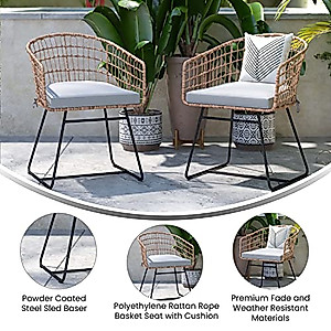 Flash Furniture Devon Set of 2 Indoor/Outdoor Patio Boho Club Chairs, Rope with PE Wicker Rattan, Cushions and Sled Base, Natural/Light Gray