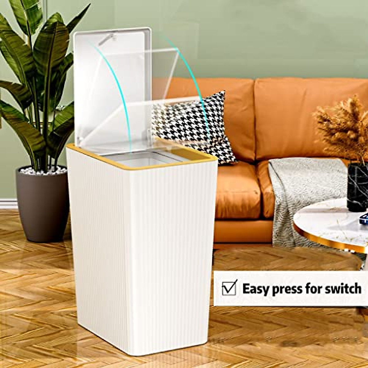 IEEK 2 Pack of Trash Can with Lid,4 Gallons/15 Liters Garbage Can with Press Top Lid Plastic Dog Proof Trash Bin,Waste Basket for Bathroom/Kitchen/Bedroom/Office/Living Room,White and Gold