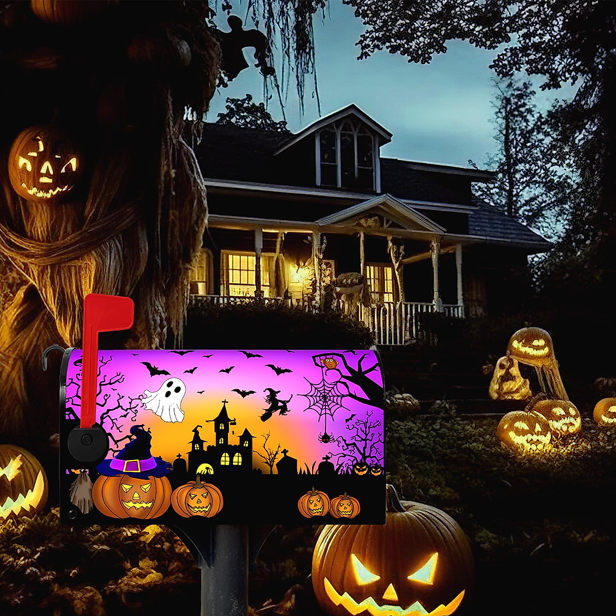 Dacawin Halloween Mailbox Covers Magnetic 21" X 18" Bats Ghost Pumpkin Spider Mailbox Cover Standard Size Mailbox Wraps Post Letter Box Covers Garden Decorations Outdoor