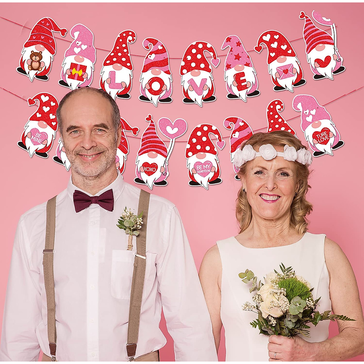 PTFNY 2 Pieces Valentines Gnomes Garland Banner Valentine's Day Gnomes Decorations Banners for Valentines Day Indoor Outdoor Bridal Shower Anniversary Wedding Party Decorations