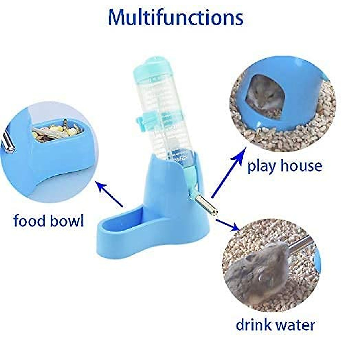 125ML Blue-3 in 1 Hamster Suspended Water Bottle Small Pet Automatic Dispenser, with Food Bowl Base for Dwarf Hamster Mouse Hedgehog