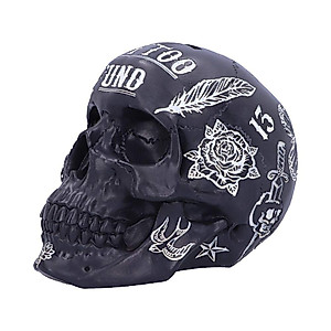 Nemesis Now Gothic Tattoo Fund Skull Money Box, Hand-Painted Resin with Traditional Tribal Illustrative Designs, Unique Savings Bank for Tattoo Enthusiasts