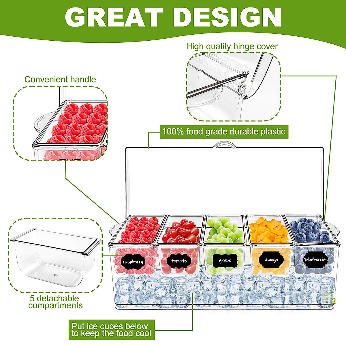 Ice Chilled Condiment Server Caddy, Bar Fruit Caddy with Lid and 5 Removable Compartments, Plastic Storage Food Container Clear Ice Condiment Serving Tray for Party, Toppings Bar Container
