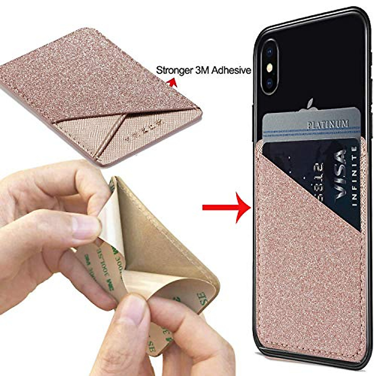 Phone Card Holder Cell Phone Stick On Phone Glitter PU Leather Sleeve Credit for iPhone Samsung Most Smartphones (Rose/Gold)