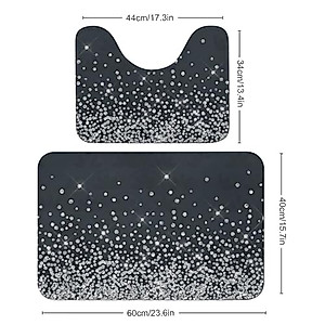 Bathroom Rug Set 2 Piece Black Silver Glitter Diamond Sparkly Bath Rugs and U-Shaped Contour Toilet Rug, Non-Slip Bath Carpet Bath Mats for Bathroom 15.7"x23.6"