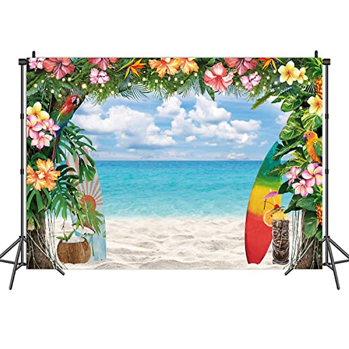 Summer Hawaiian Beach Backdrop Tropical Flowers Luau Photography Background Surfboard Blue Sky Ocean Palm Leaves Aloha Party Decorations Large Tiki Birthday Photo Booth Props