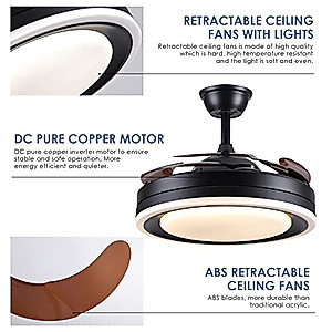 Asyko Retractable Ceiling Fans with Lights and Remote Control - Modern Bladeless Ceiling Fans Enclosed Ceiling Fan with LED Lighting for Bedroom/Living Room/Study (Black 42")