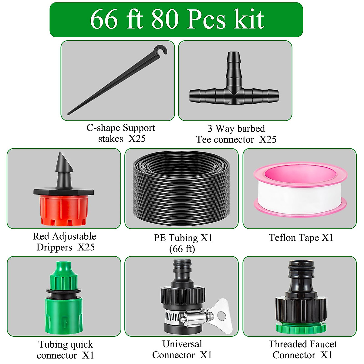 33FT Automatic Drip Irrigation Kit Set, Quick Connector DIY Watering Misting System with 1/4” Distribution Tubing, Nozzle Emitter Barbed Fittings for Plant, Greenhouse, Garden and Yard (33 FT)