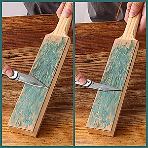 ANGERSTONE Double Side Leather Strop for Knife Sharpening - 14"x 2" Stropping Block Kit with Polishing Compound, Knife Strop with Ergonomic Handle for Honing Knives, Woodworking Chisels