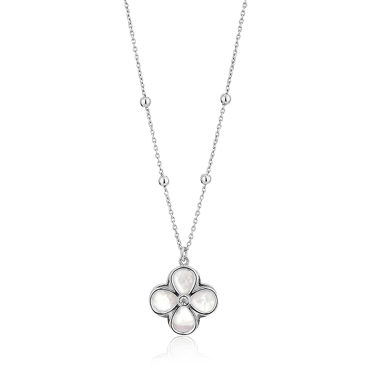 Vanbelle Sterling Silver Jewelry Four-Leaf Clover Pendant Necklace with Cultured Mother-of-Pearl in Beaded Chain and Rhodium Plated for Women