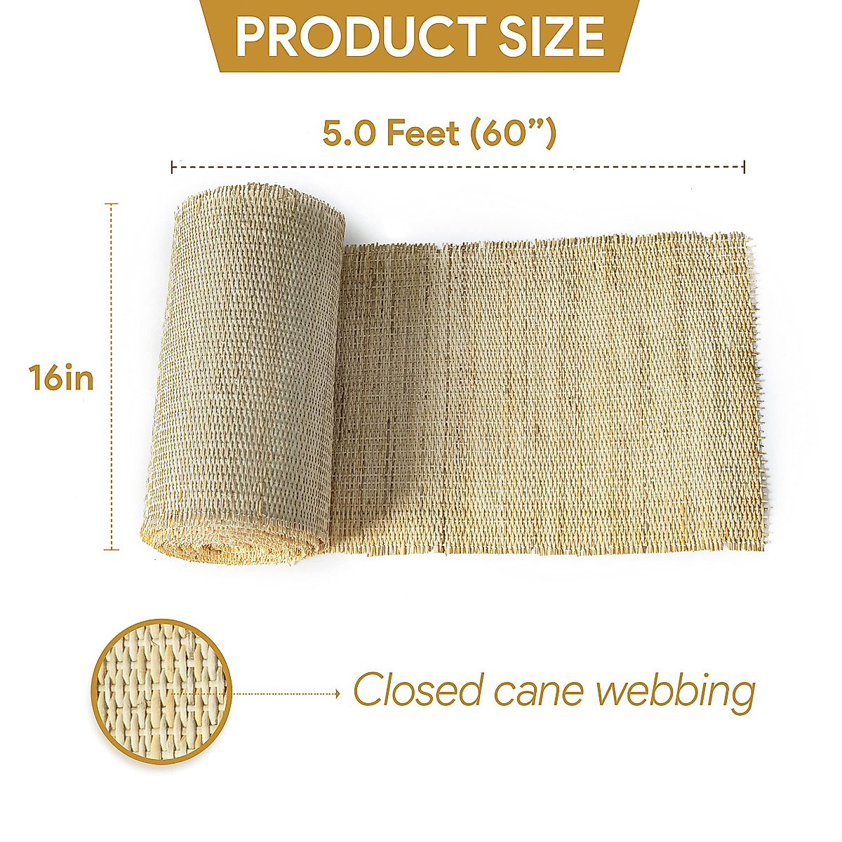 LUSYDECO 16" Width Natural Rattan Cane Webbing Roll 5 Feet Length Closed Weave Rattan Fabric Furniture Woven Rattan Sheets for Crafts Cane Weave Rattan Material Natural Chair Caning (5 FEET)