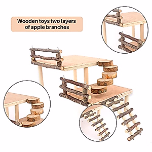 Hamster Climbing Toys Wooden Two-Tier Hamster Playground Activity Platform with Bridge Apple Wood Chewing Toys for Small Pets (Large)