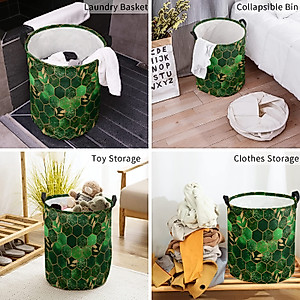Marble Large Laundry Basket, Collapsible Bag with Easy Carry Handles, Gradient Emerald Green Grid Comb Plaid Waterproof Foldable Freestanding Hamper, Folding Washing Bin Clothes Storage Round