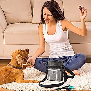 Weewooday Dog Clicker Training Kit, 1 Dog Treat Training Pouch and 2 Pieces Pet Training Clicker with Wrist Strap, Built in Poop Bag Dispenser Easily Carrying Pet Toys Treats (Black,Solid Pattern)